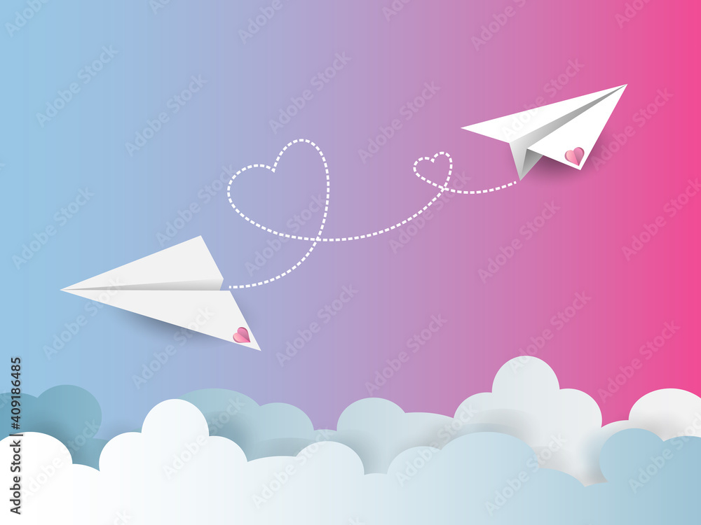 Valentine's day greetin card,background. Flying paper airplane with ...
