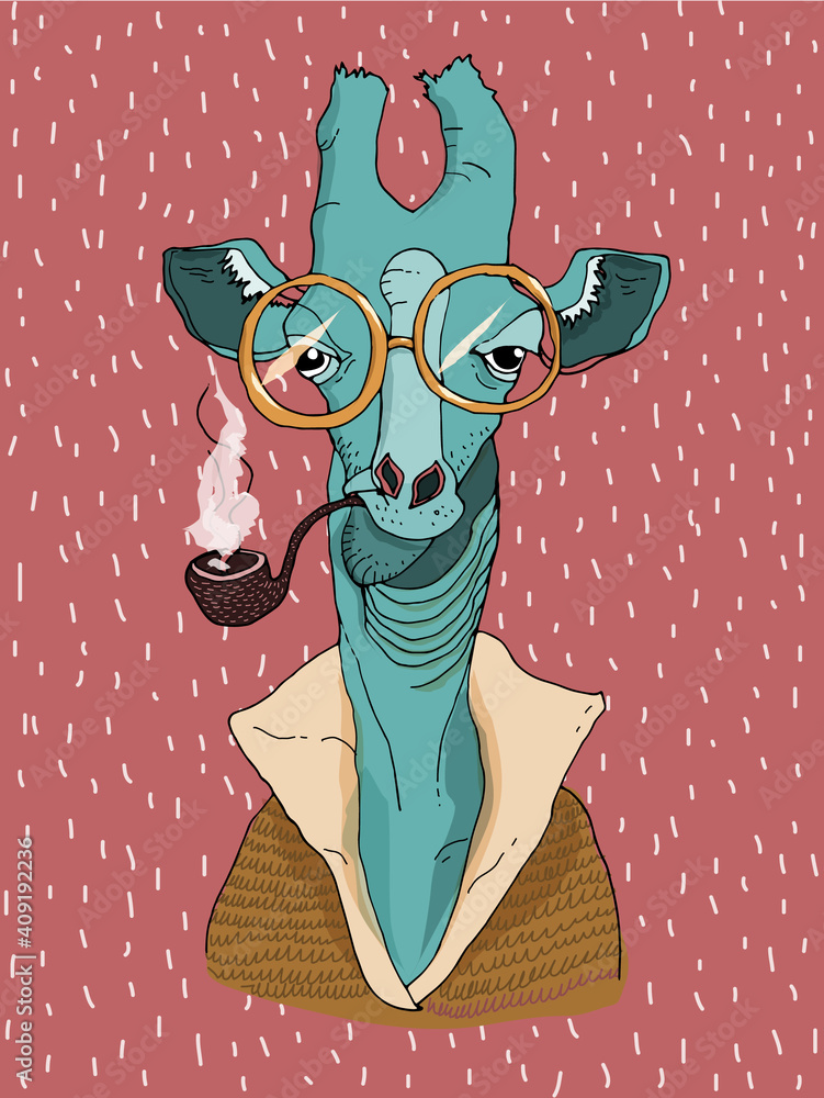 Cartoon giraffe, smoking with a pipe in a cardigan, with glasses ...