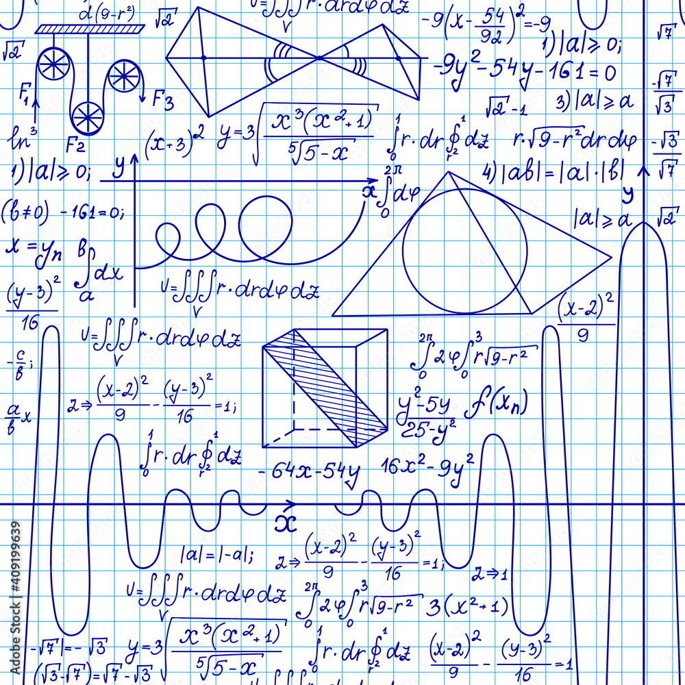 Math vector seamless pattern with handwritten formulas on a grid ...