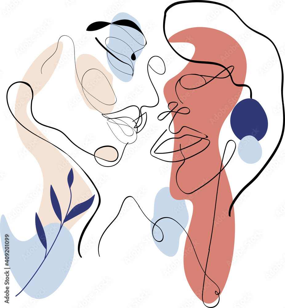 Web Linear Drawing Of Female Face Vector Fashion Image Same Sex Love Colored Form Drawing On