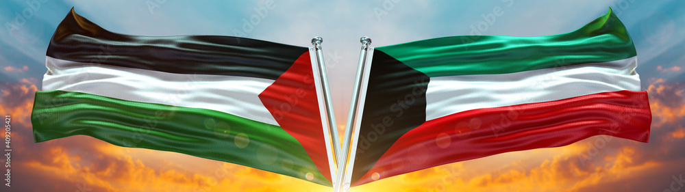 Kuwait Flag and Palestine flag waving with texture sky Cloud and sunset ...