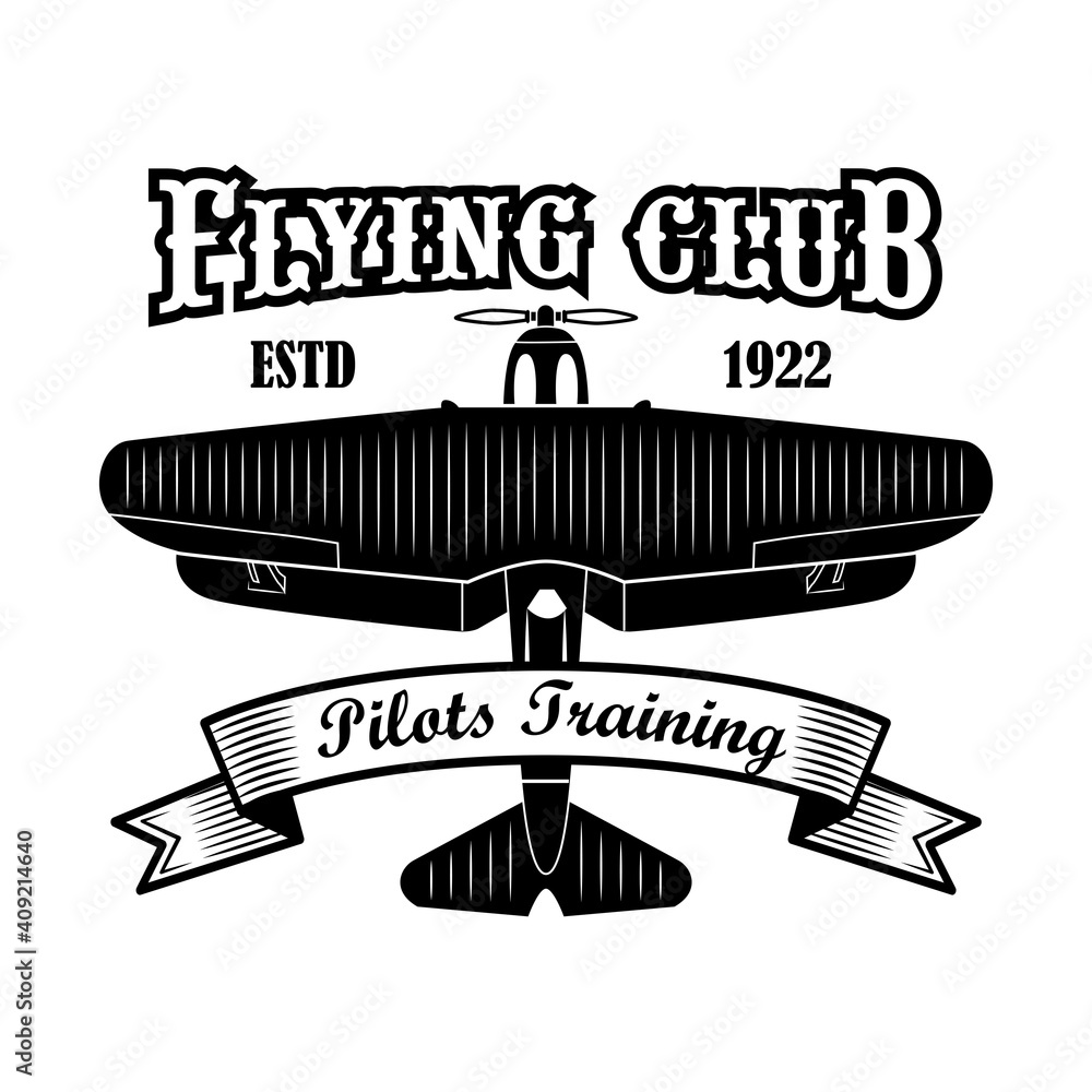 Flying club label design. Monochrome element with biplane or retro ...
