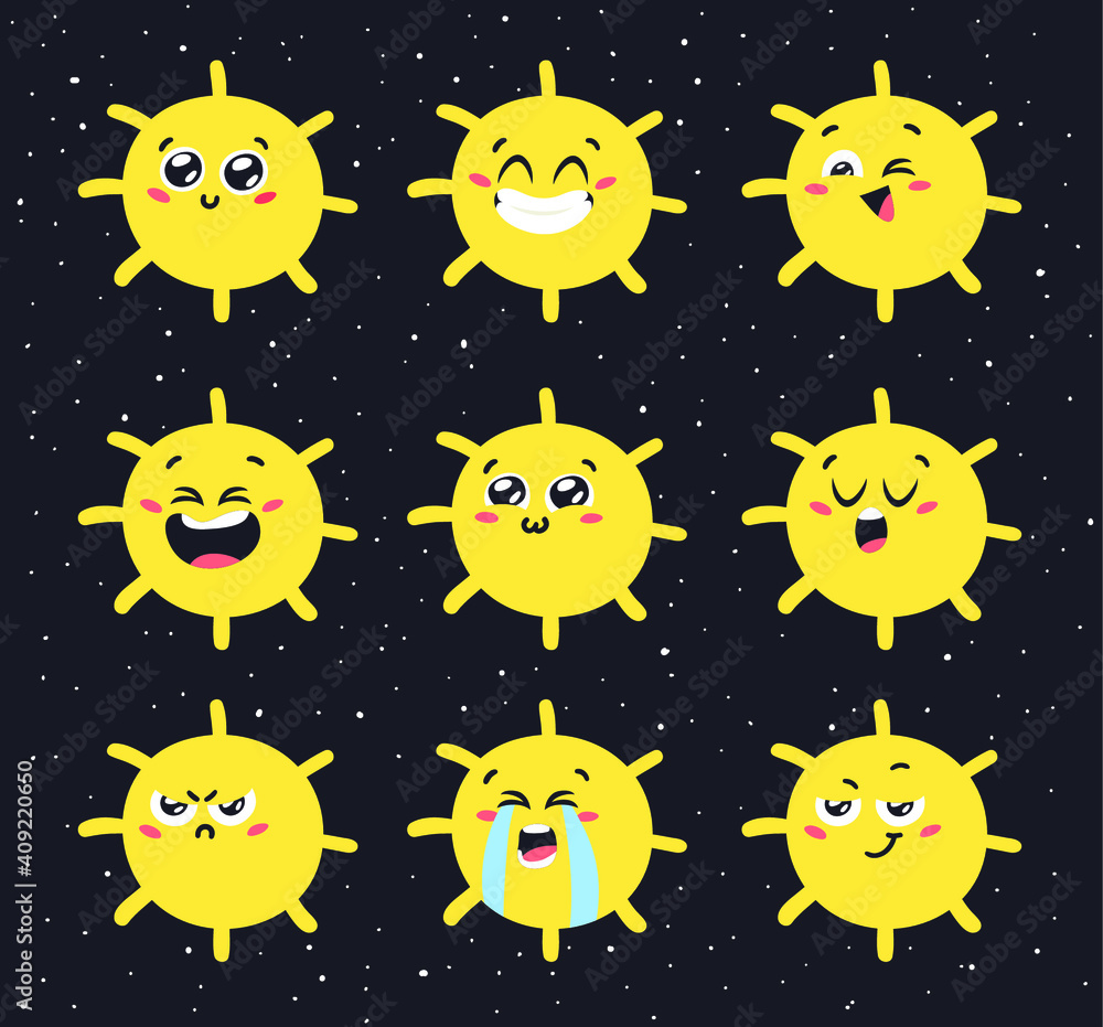 Set of Emoji Hand Drawn Childish Illustration Sun in Cosmos. Vector ...
