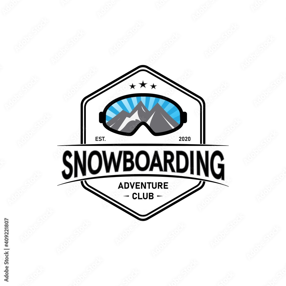 Snowboard goggles logo and label template. Winter snowboard sports shop ...