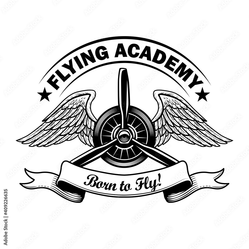 Flying academy label design. Monochrome element with retro airplane ...