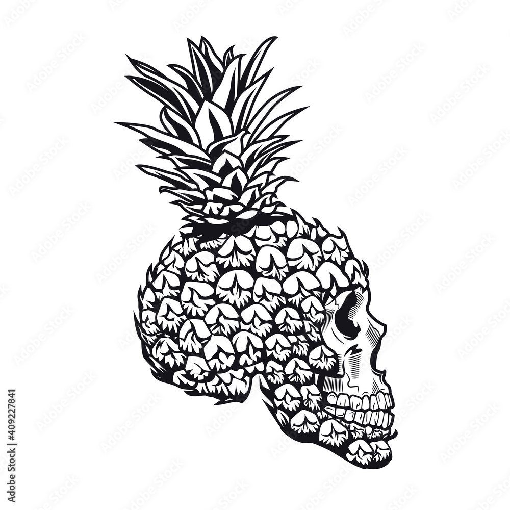 Skull shaped pineapple emblem design. Monochrome element with skeleton ...