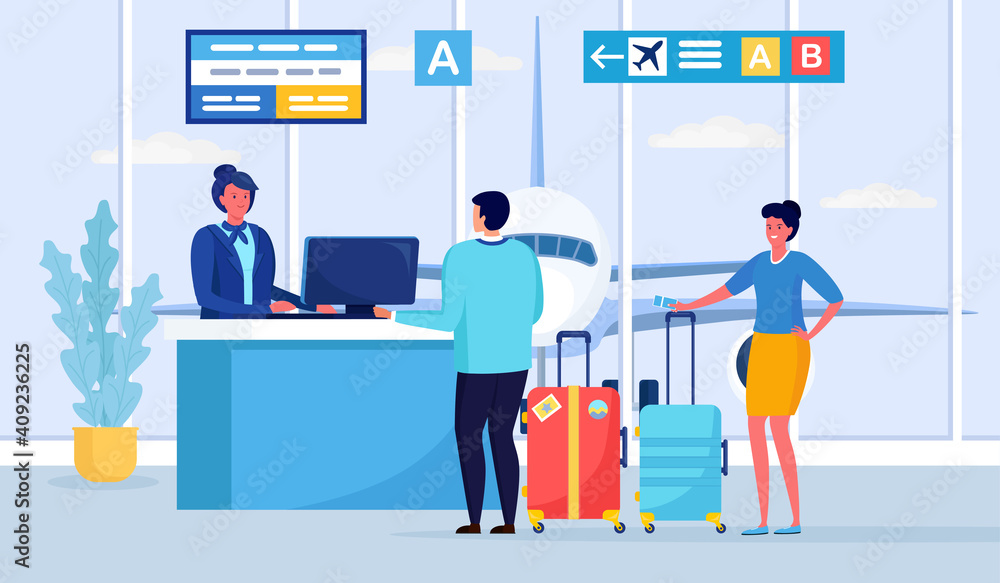 Check in, registration in airport terminal passengers standing in queue ...