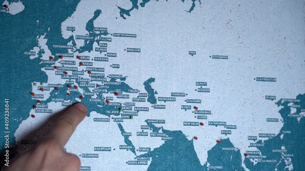 blue and white map of the world with red markings of the places visited ...