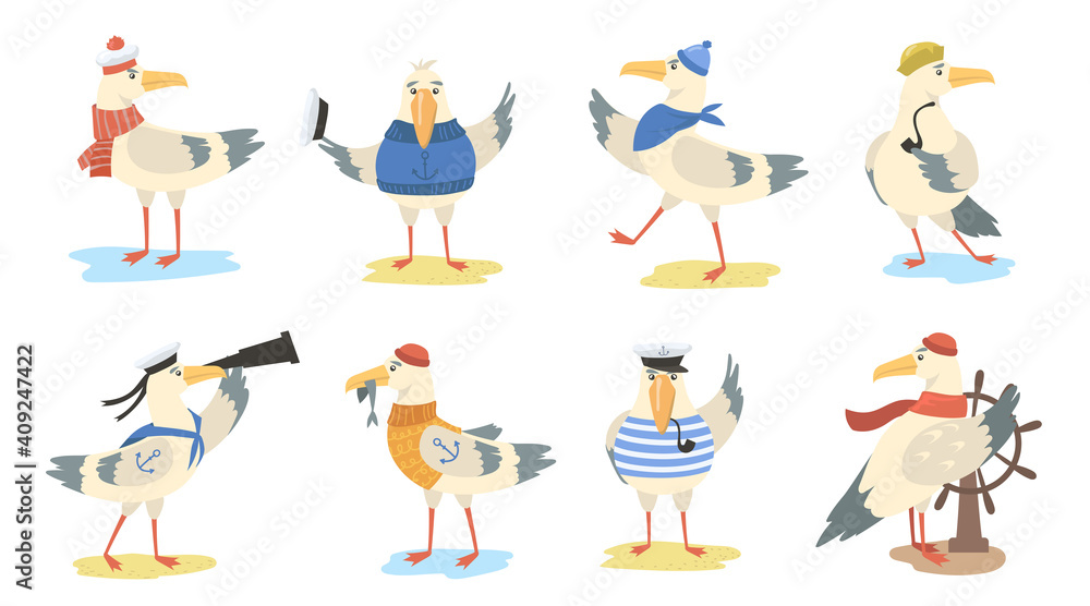 Cartoon seagull set. Different actions of bird wearing sailor costumes ...