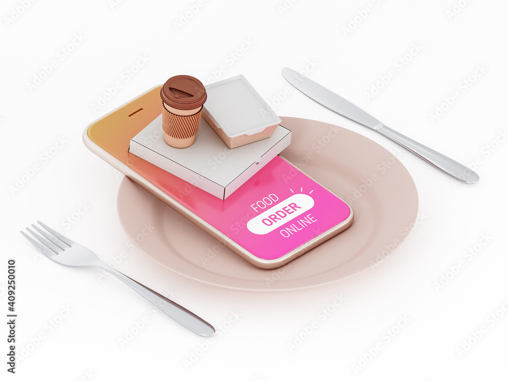A food delivery service illustration. 3D render of fork, knife, plate ...