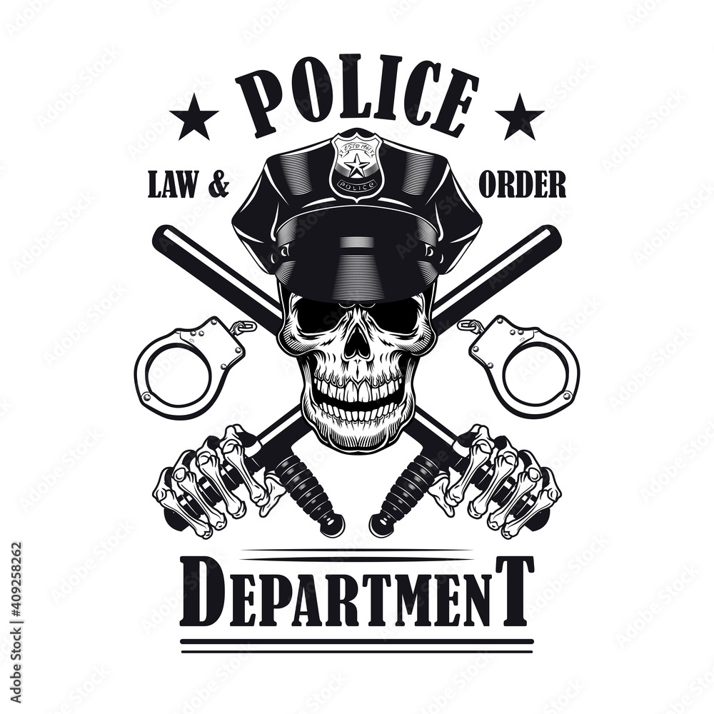 Black policeman skull with crossed truncheons and handcuffs vector ...