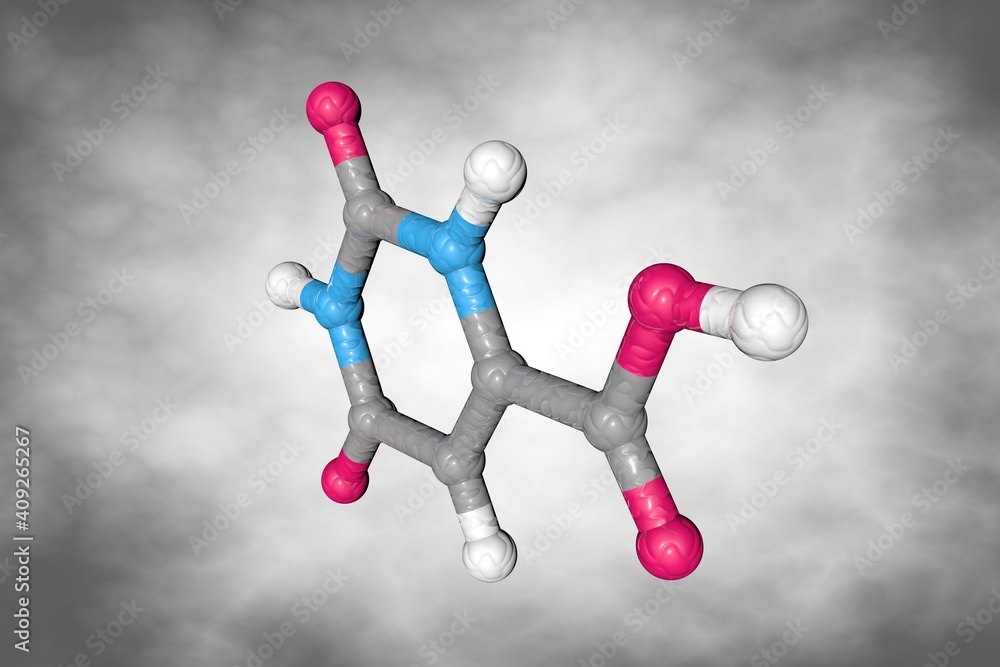 Molecular structure of orotic acid or vitamin B13. Atoms are ...