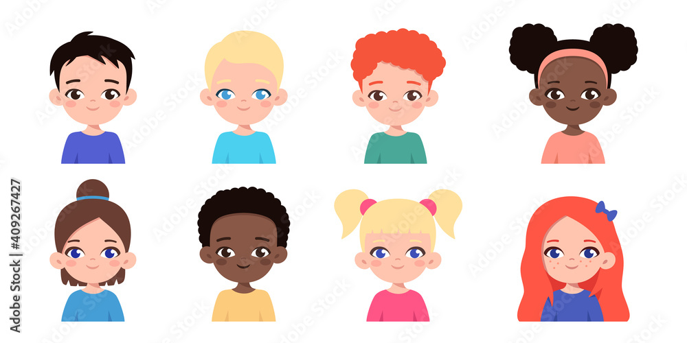 Set of diverse multiethnic children avatars. Happy faces of different ...