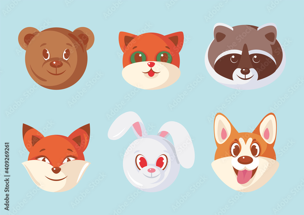 Set of faces of different animals: bear, cat, raccoon, fox, hare, dog ...