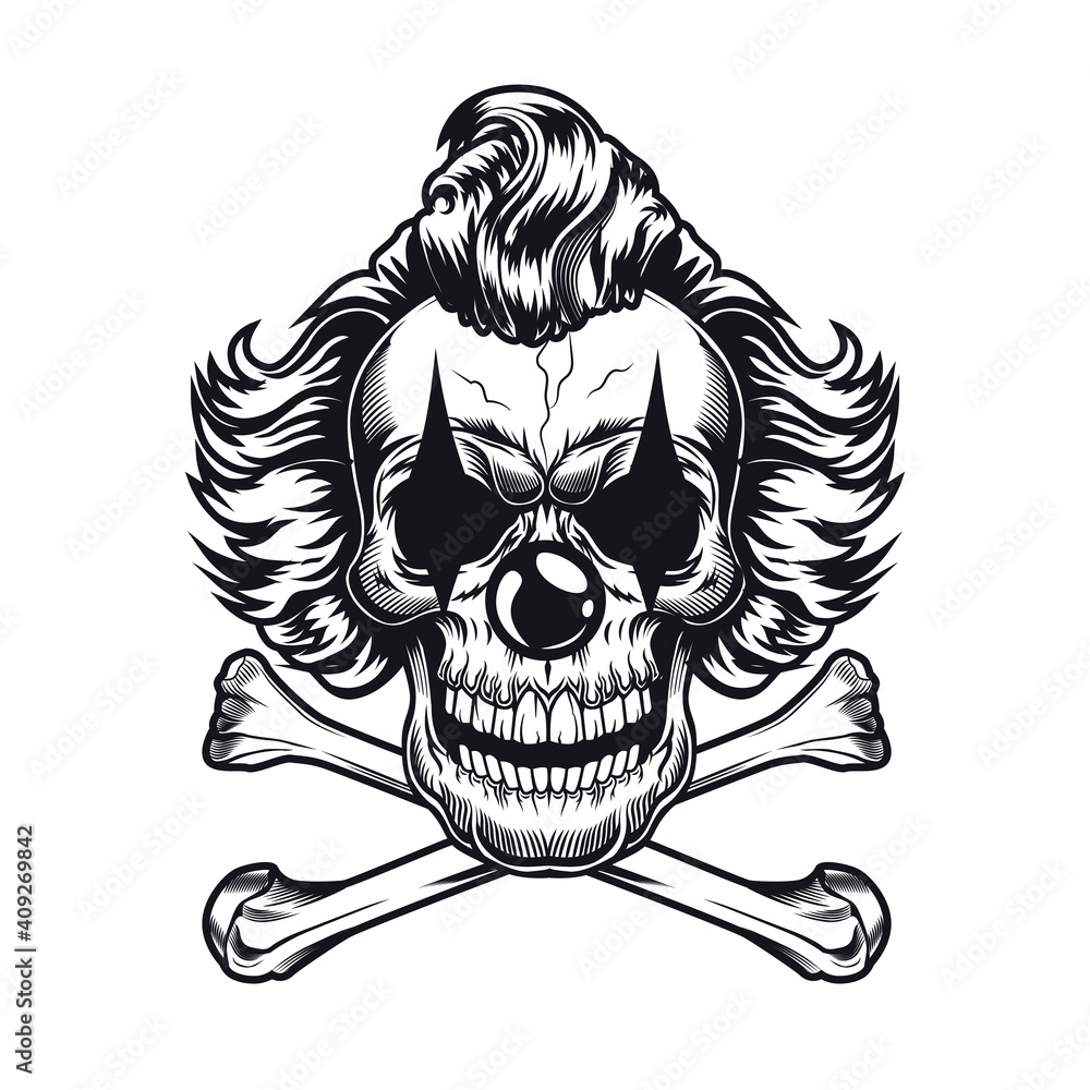 Psychopath clown emblem design. Monochrome element with skull and bones ...