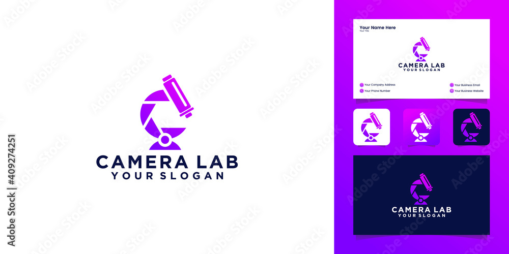 camera lab logo vector with camera and microscope logo design template ...