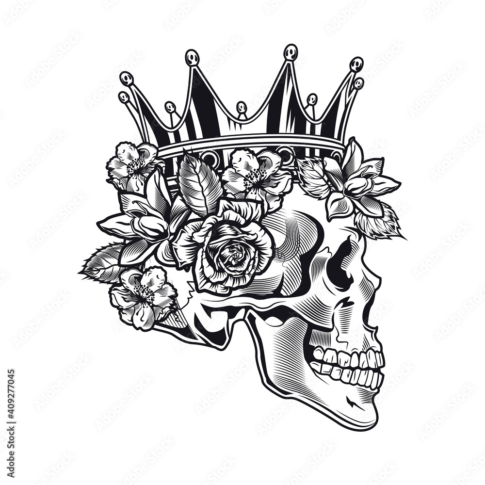 Side view of vintage royal skull in flowers vector illustration ...