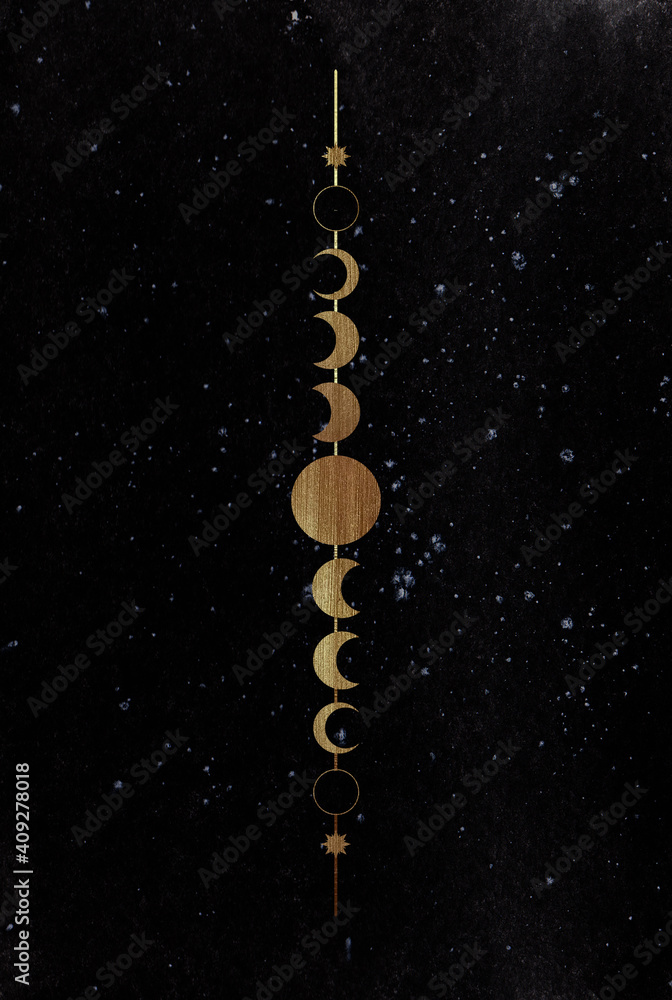 Golden moon phases on dark watercolor background. Beautiful gold moon ...