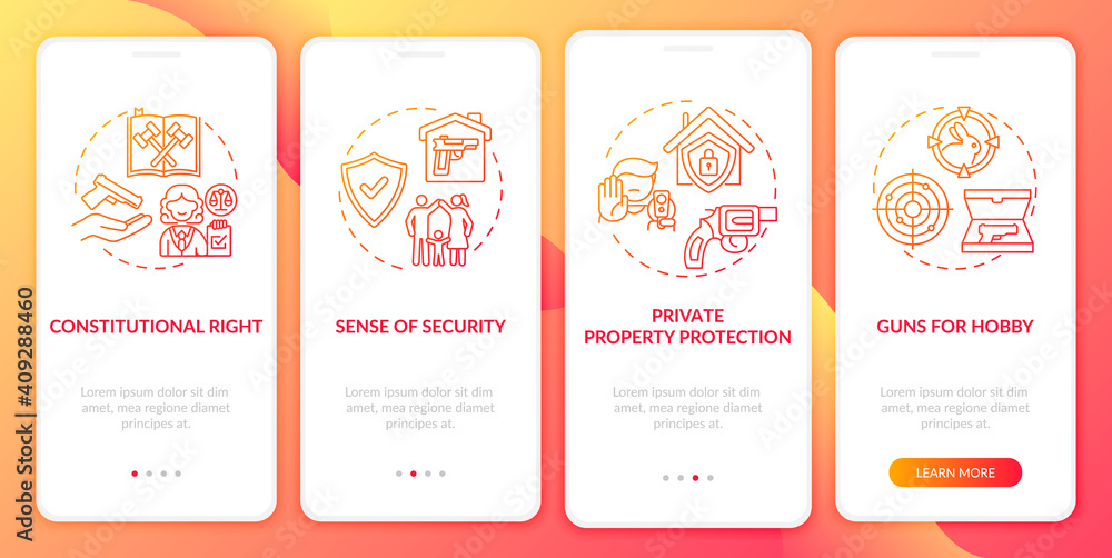 Gun rights red onboarding mobile app page screen with concepts. Weapon ...