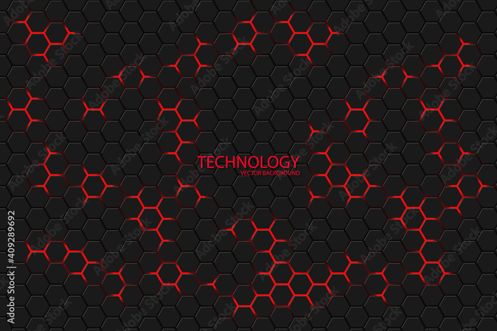 Hexagonal technology background. Red bright light energy flashes under ...