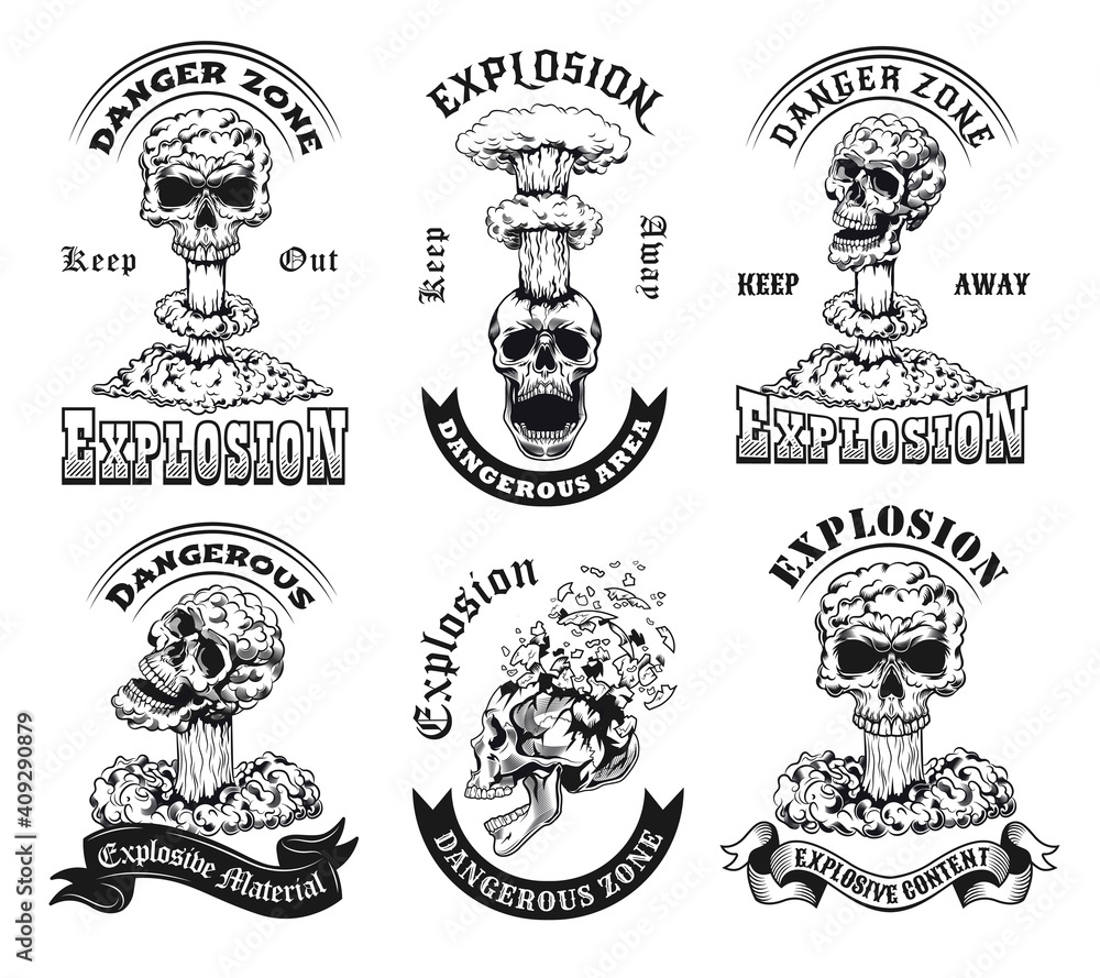 Vetor de Monochrome explosion zone emblems vector illustration set ...