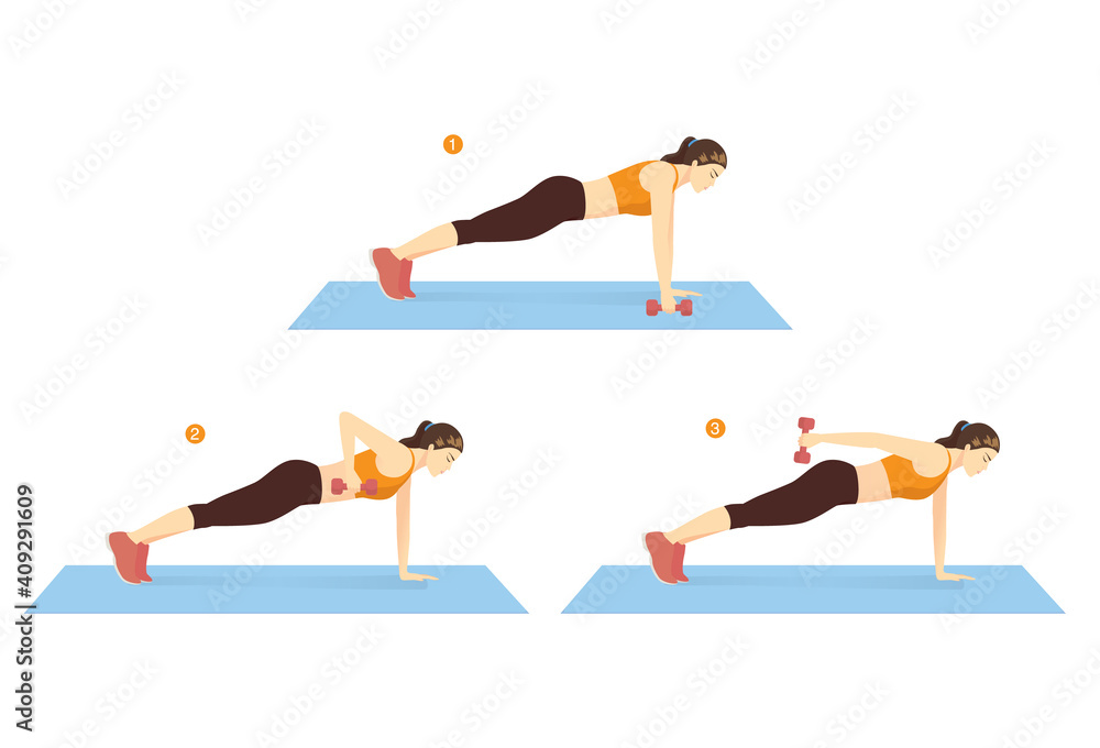 Woman doing Plank Row and Kickback Exercise with dumbbell on mat in 3 ...