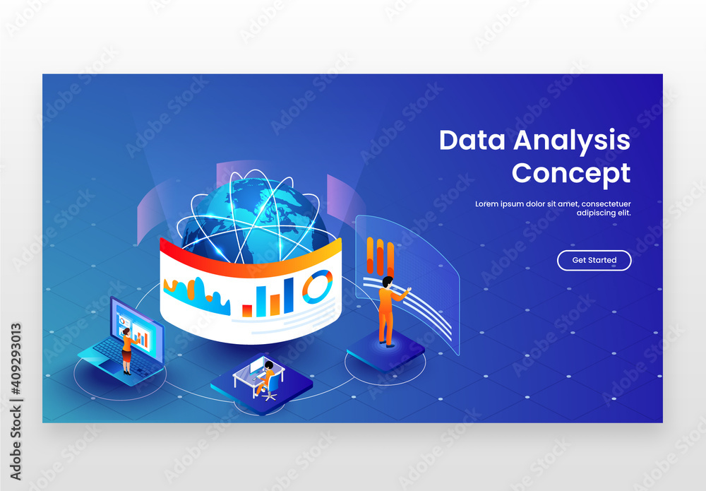 Isometric Illustration Of Business People Analysis Data With Global 