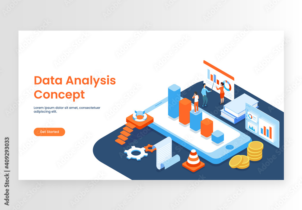 Data Analysis Landing Page with Isometric Bar Graph on Smartphone ...