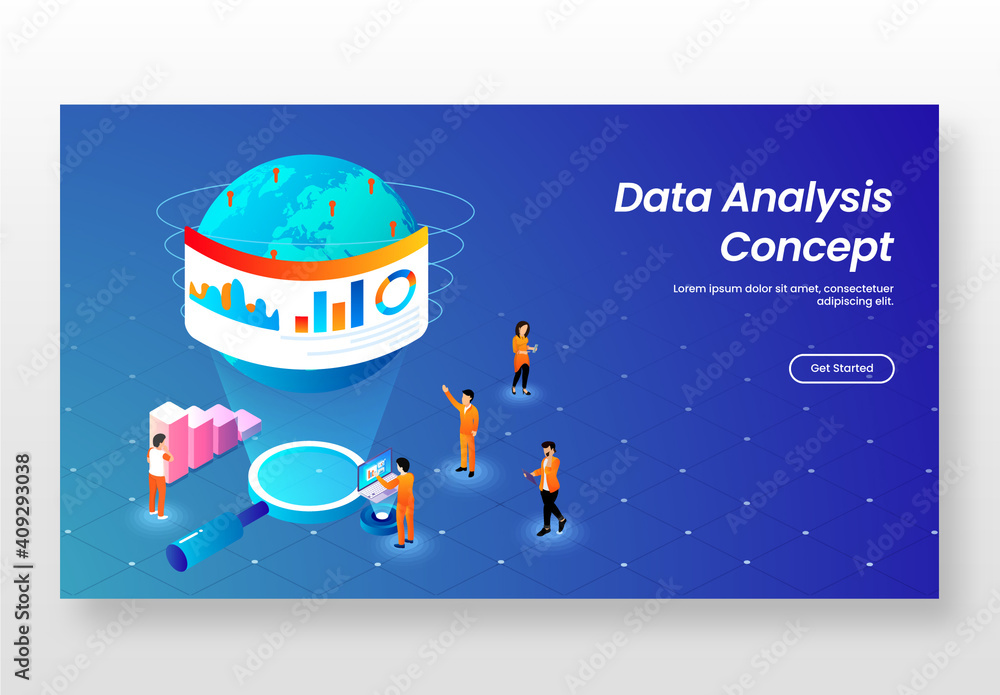 Global Data Analysis Concept Based Landing Page with Business People Analysis the Data on Blue ...