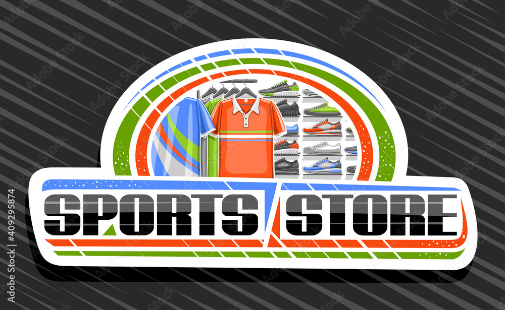 Vector logo for Sports Store, white decorative sign board with ...