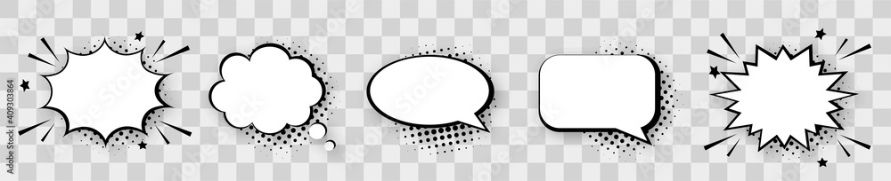Empty comic speech bubbles set with halftone shadows. Retro comic ...