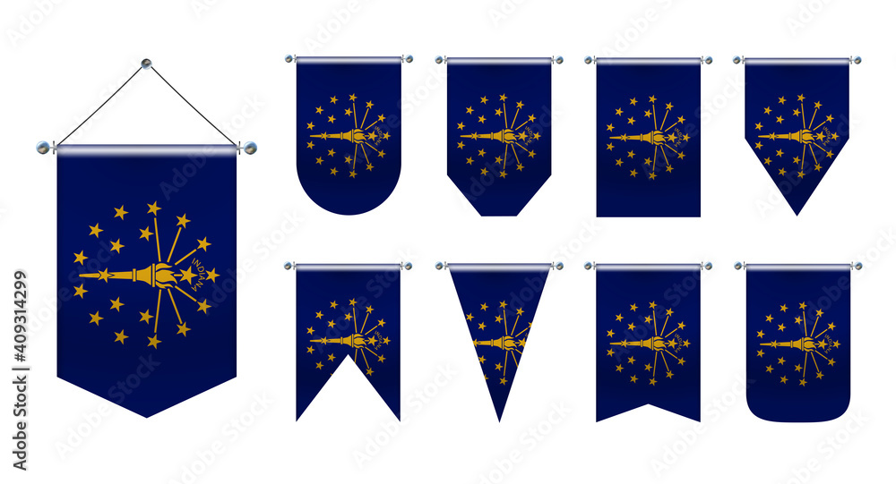 3D Realistic Pennants Hanging Flags of INDIANA state USA. Vertical ...