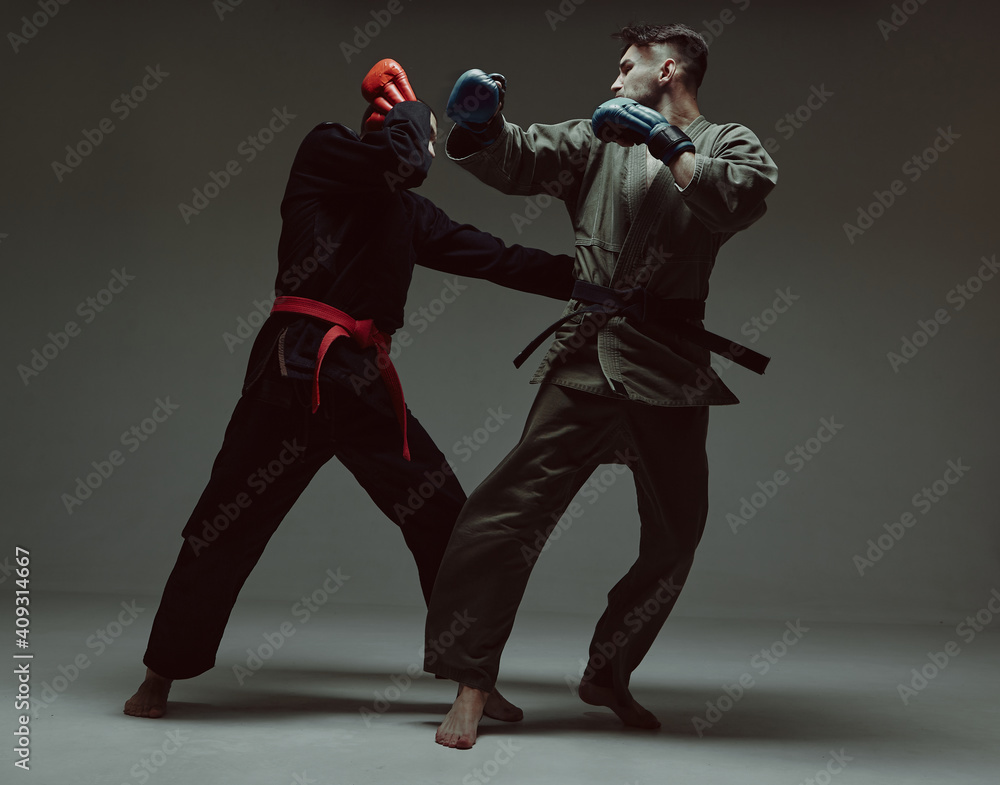 Fighting guys during mixed fight workout. Athletic males in kimono and ...