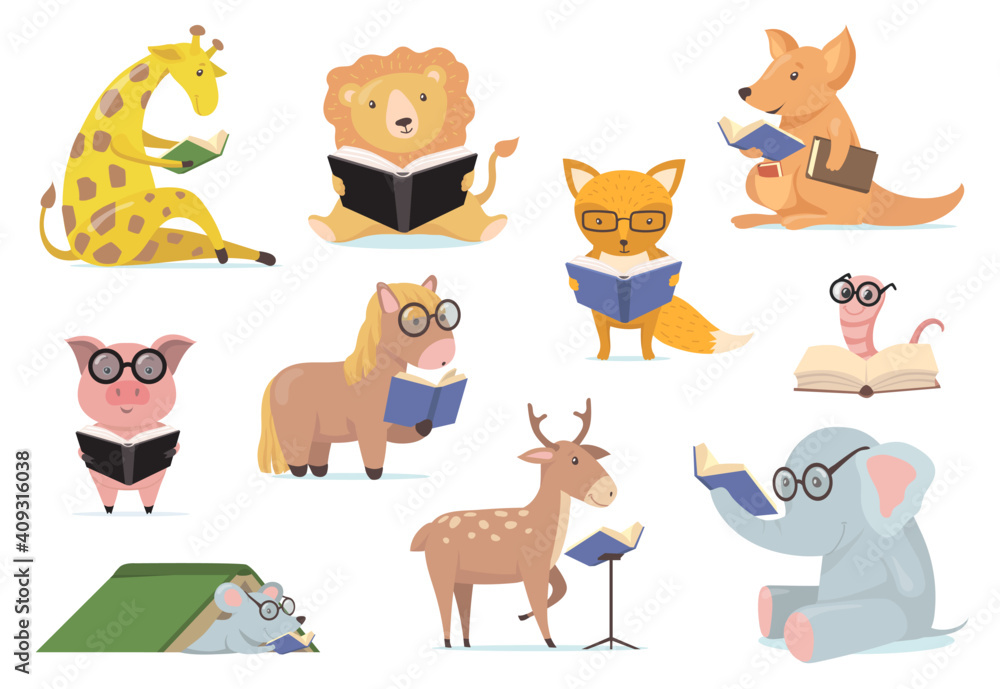Smart animals in glasses reading books flat set for web design. Cartoon ...