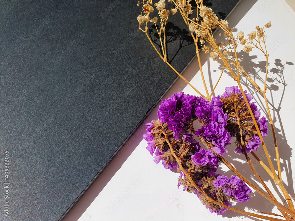 bouquet of flowers. Beautiful purple and yellow dried flowers flay lay ...