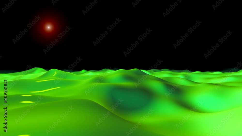 Abstract seascape with high waves and the sun in the sky made in 3D ...
