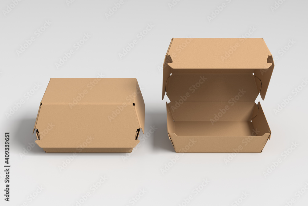 Closed and opened cardboard food box mock up. Packaging for hamburger ...