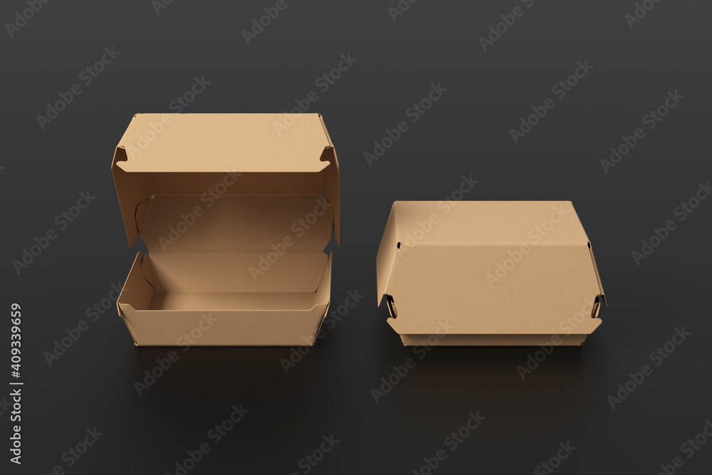 Closed and opened cardboard food box mock up. Packaging for hamburger ...