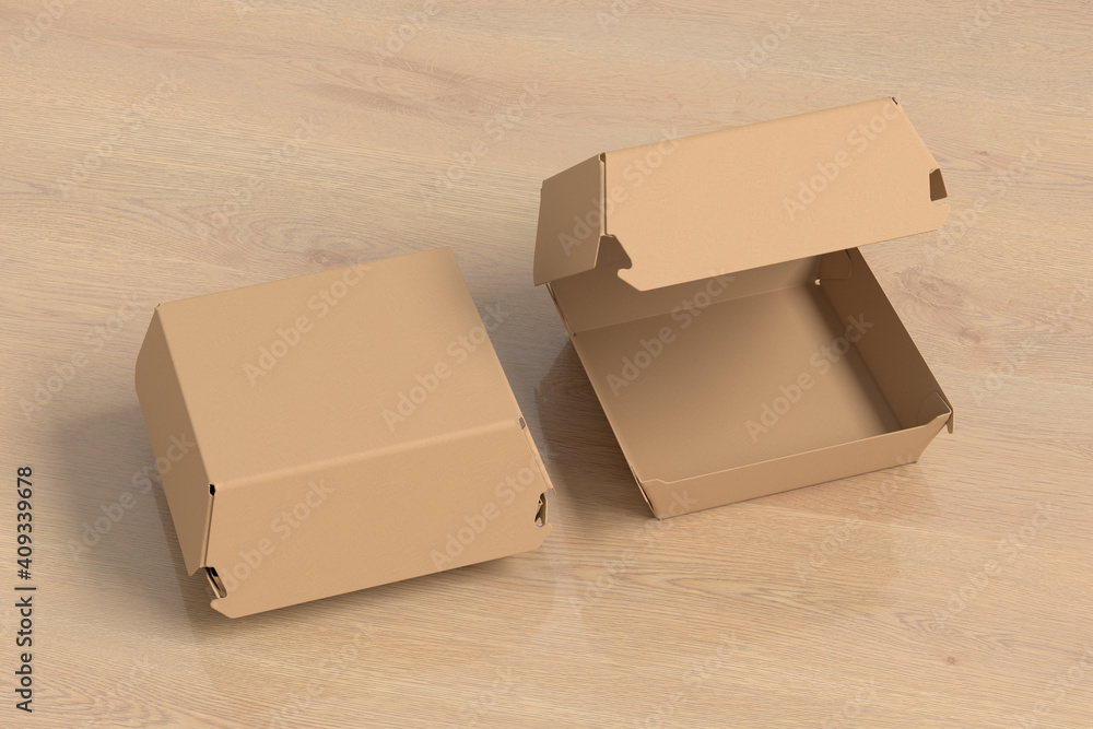 Closed and opened cardboard food box mock up. Packaging for hamburger ...