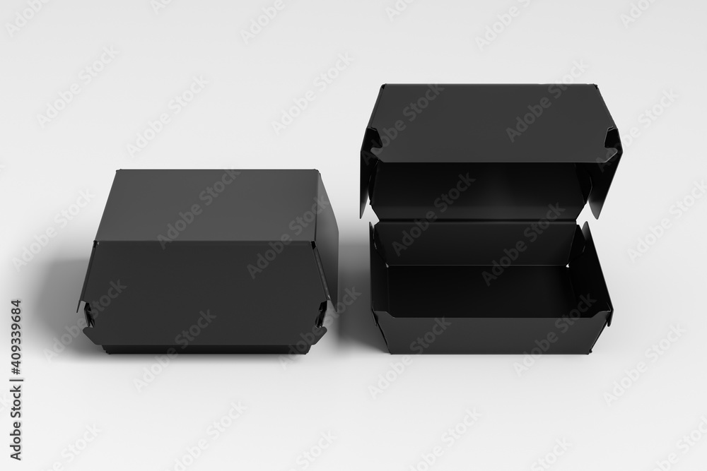Closed and opened black food box mock up. Packaging for hamburger ...