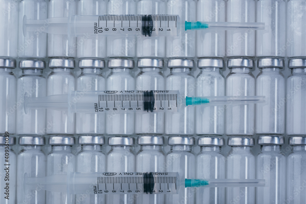 Medicine, Injection, vaccine and disposable syringe, drug concept ...