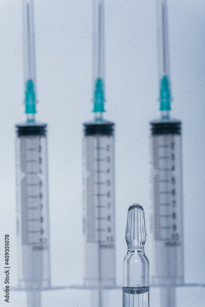 Medicine, Injection, vaccine and disposable syringe, drug concept ...