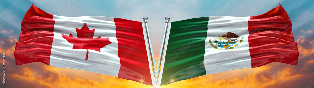 Mexico Flag and Canada flag waving with texture sky Cloud and sunset ...