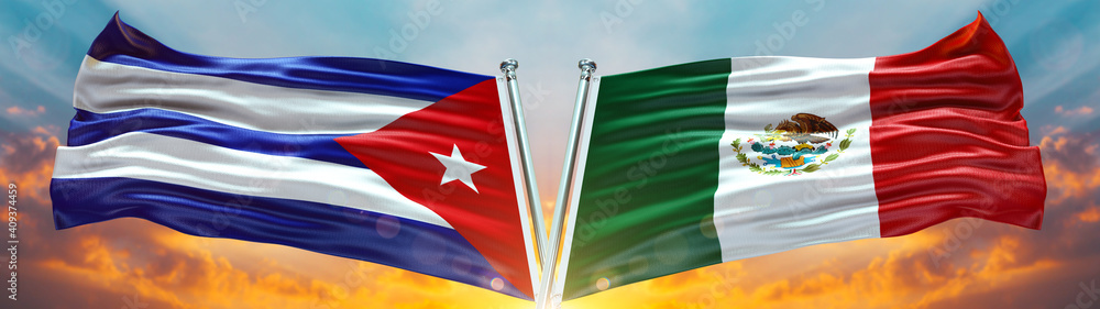 Mexico Flag and Cuba flag waving with texture sky Cloud and sunset ...