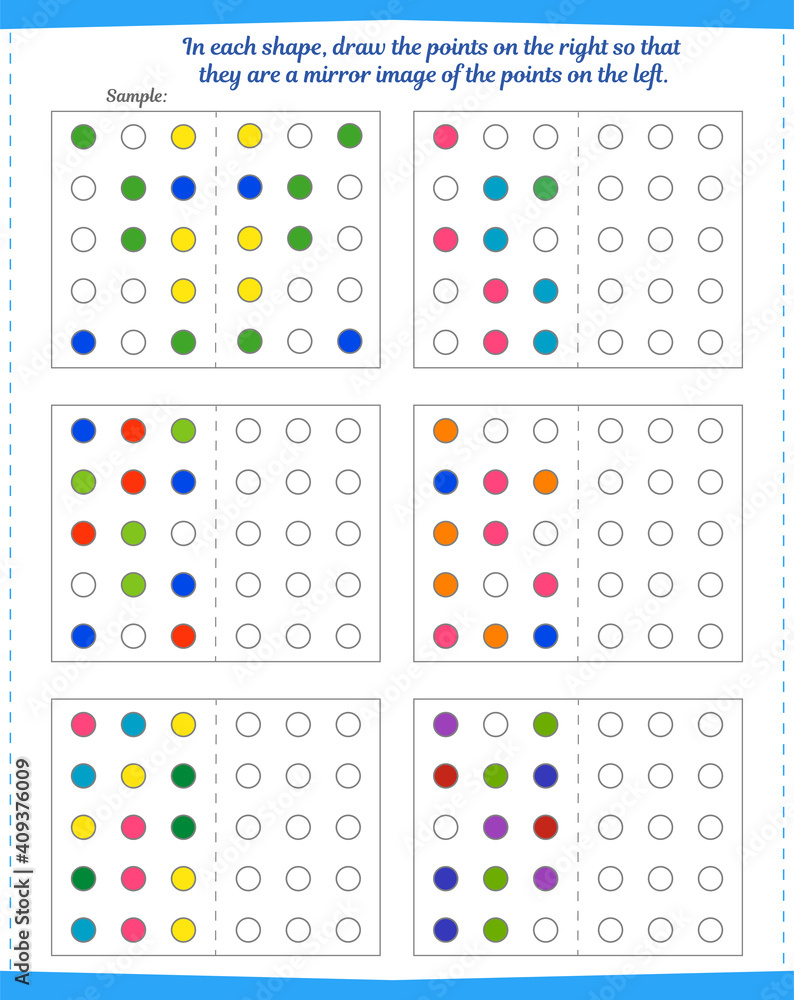 Logic game for children. Tutorial: In each pattern, color the dots on ...