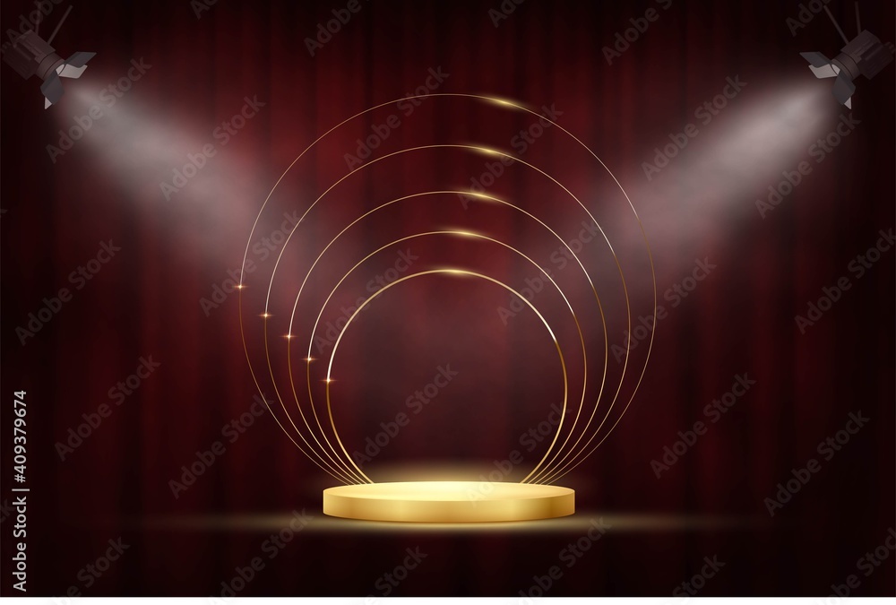 Round golden podium with rings standing on red curtain background. 3d ...