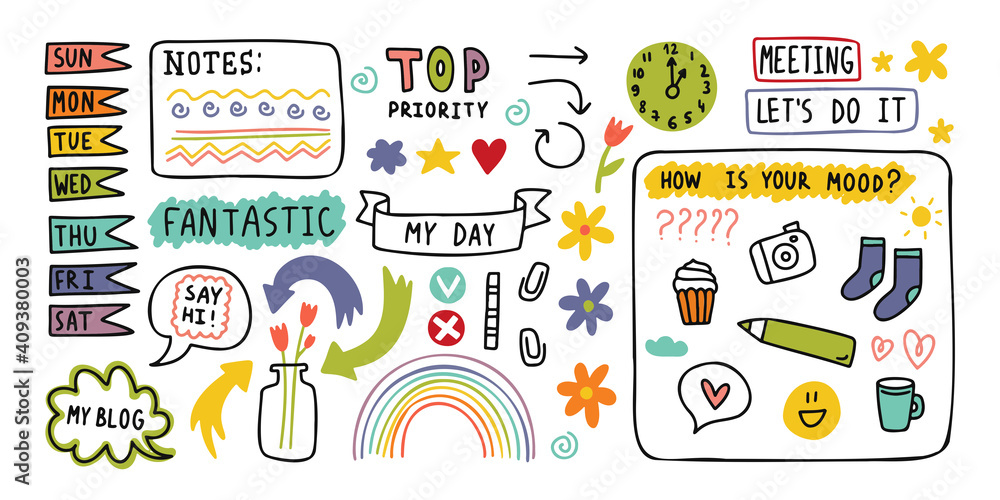 Diary elements. Hand drawn doodles bullet journal banners and elements ...