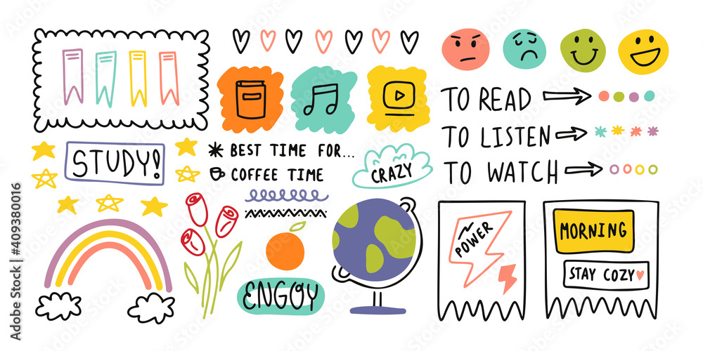 Diary elements. Hand drawn doodles bullet journal banners and elements ...