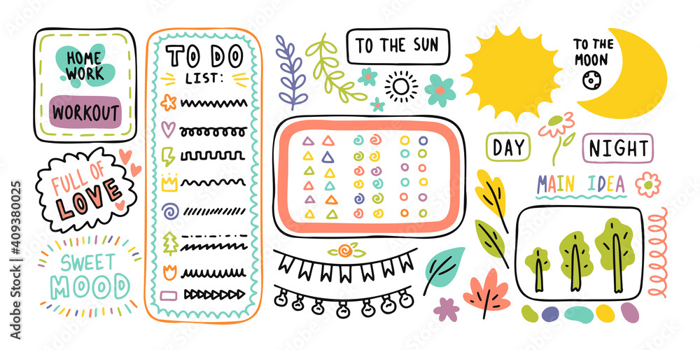 Diary elements. Hand drawn doodles bullet journal banners and elements ...