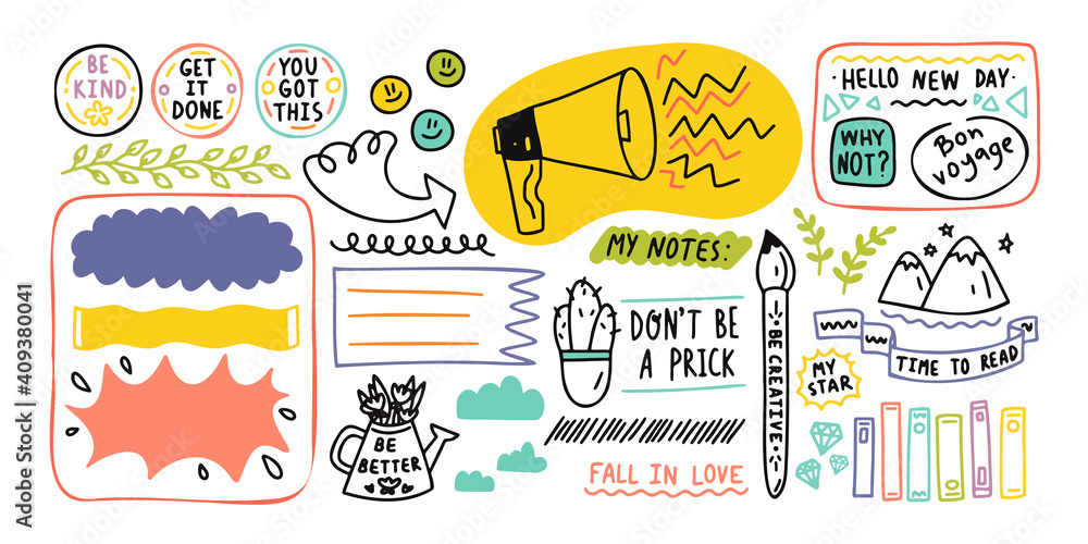 Diary elements. Hand drawn doodles bullet journal banners and elements ...